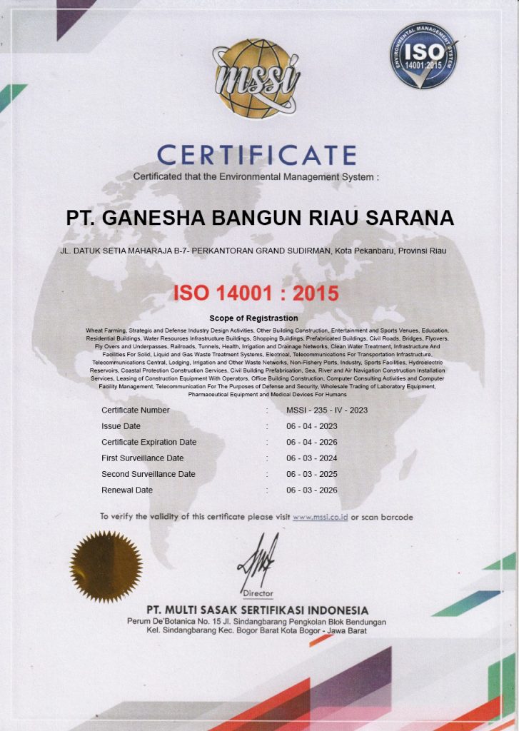 Pt Ganesha Bangun Riau Sarana Iso 14001 Mssi Certification