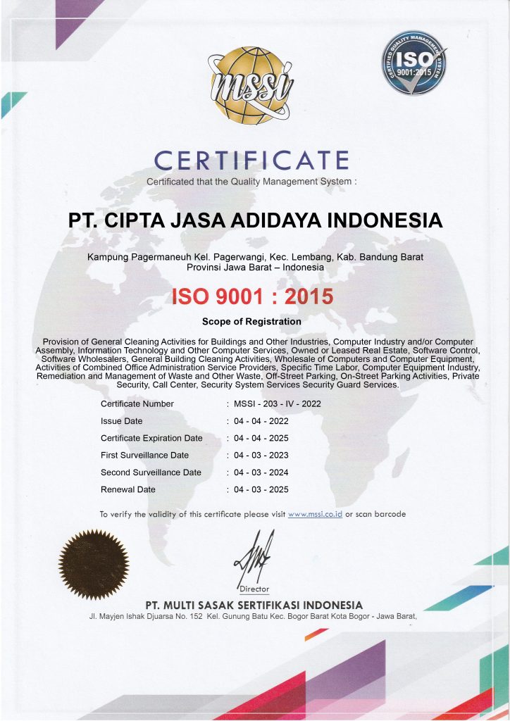 PT. CIPTA JASA ADIDAYA INDONESIA ISO 9001 – mssi certification