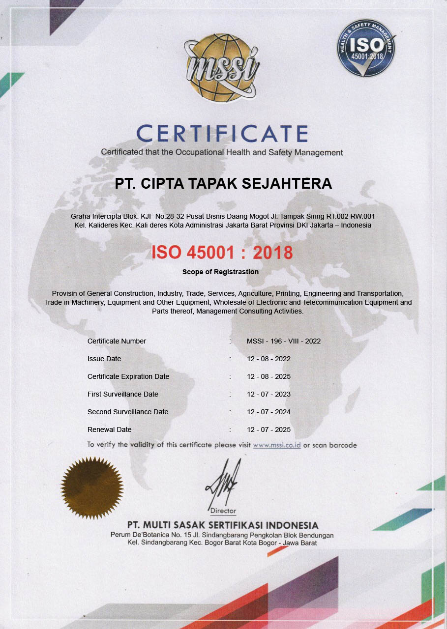 PT. CIPTA TAPAK SEJAHTERA ISO 45001 – mssi certification