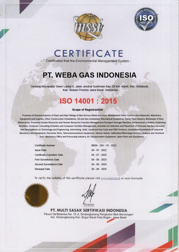 PT. WEBA GAS INDONESIA ISO 14001 – mssi certification