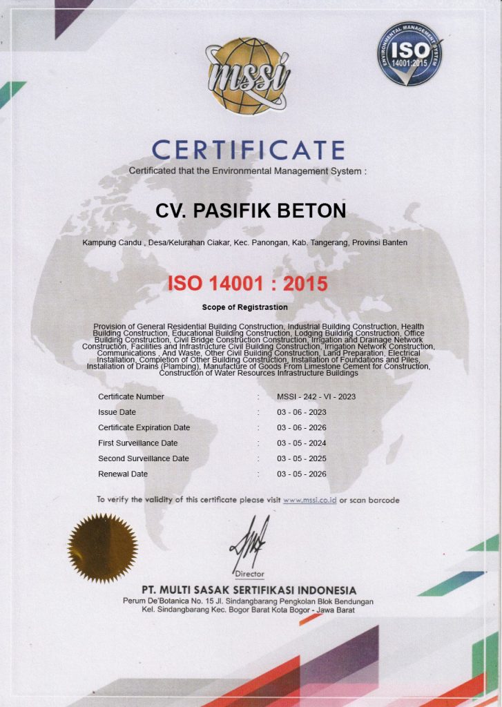 ISO 14001 CV. PASIFIK BETON – mssi certification