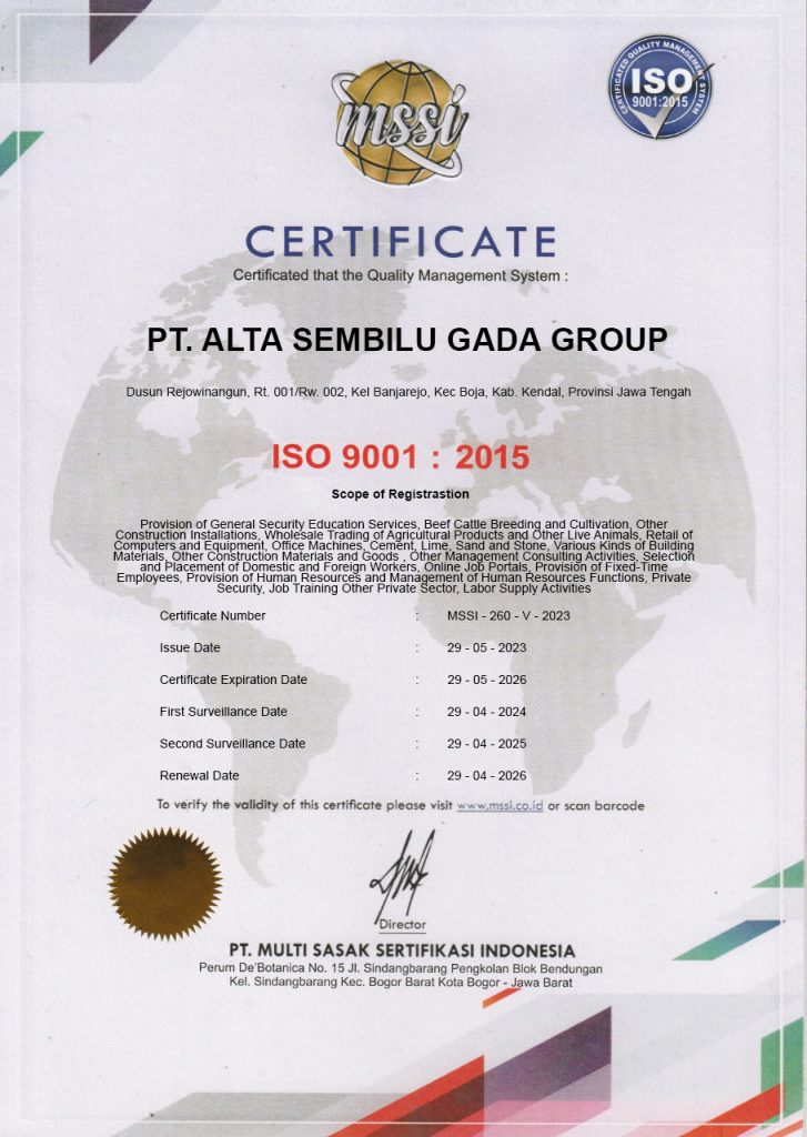PT. ALTA SEMBILU GADA GROUP ISO 9001 – mssi certification