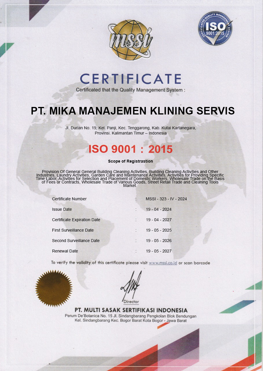 PT. MIKA MANAJEMEN KLINING SERVIS ISO 9001 – mssi certification