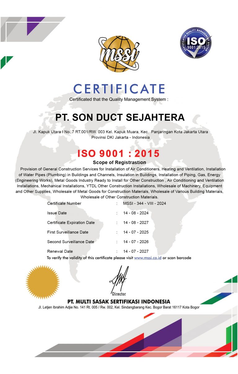 PT. SON DUCT SEJAHTERA ISO 9001 – mssi certification