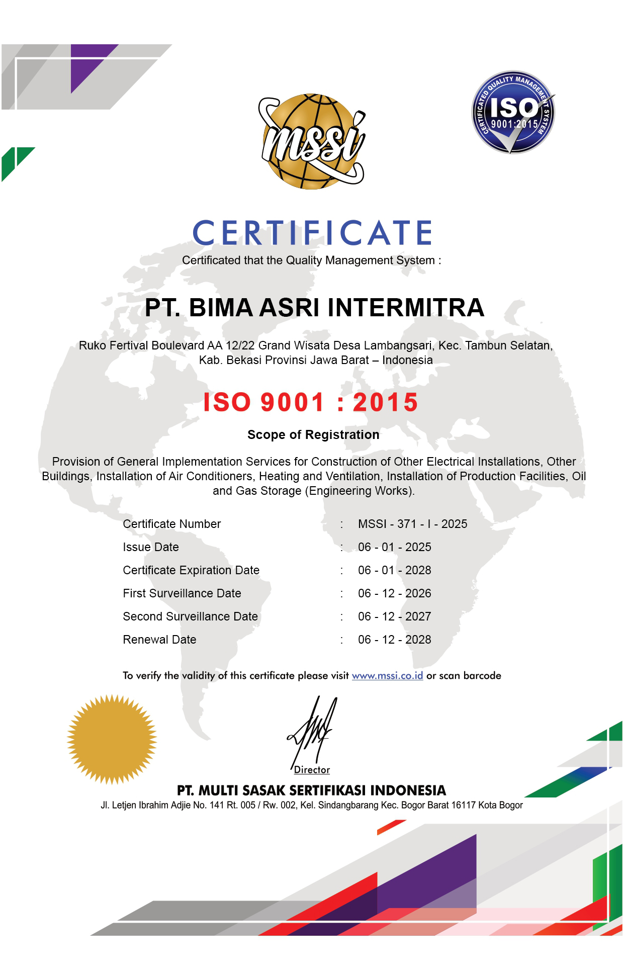 PT. BIMA ASRI INTERMITRA ISO 9001 – mssi certification