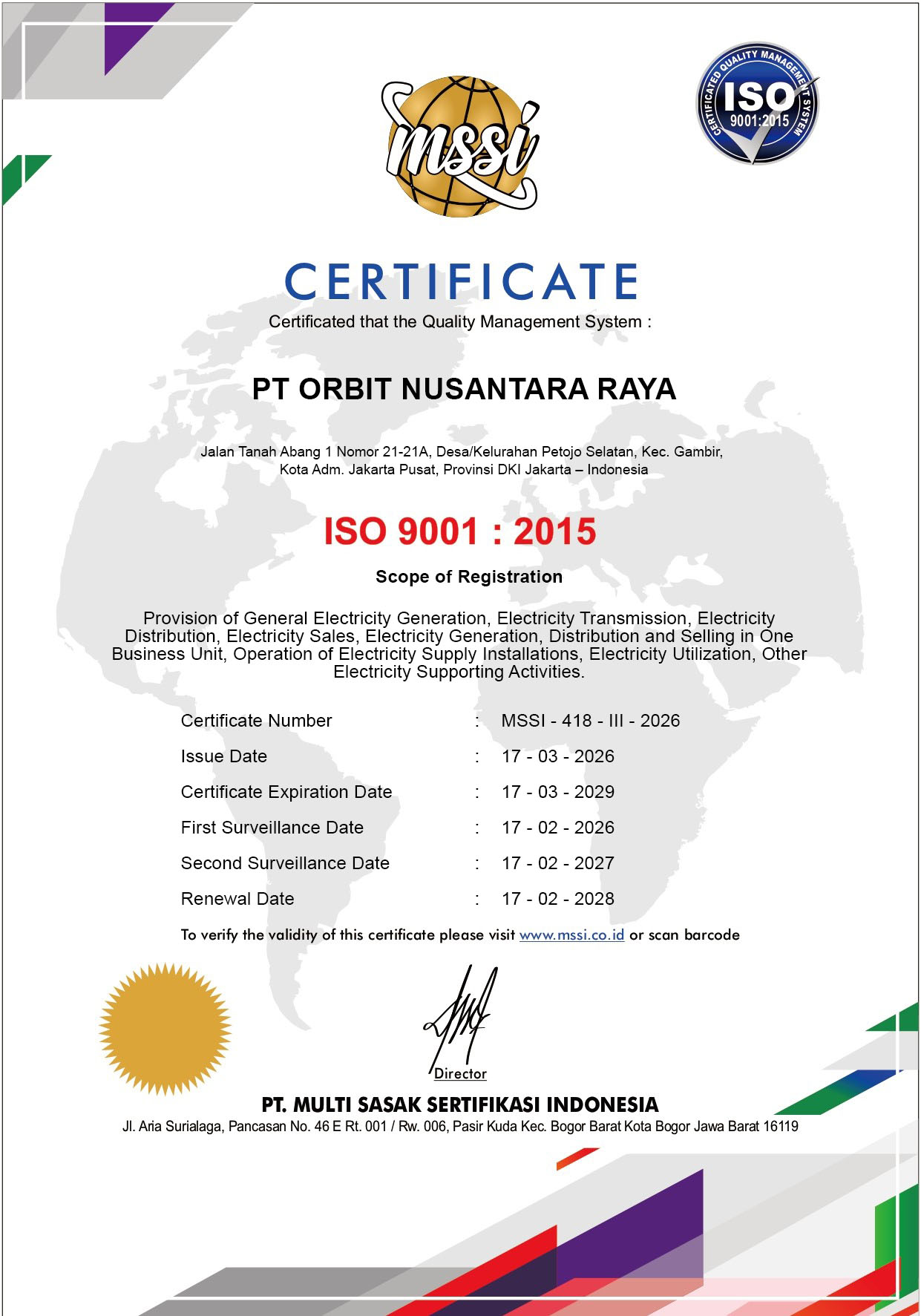 PT ORBIT NUSANTARA RAYA ISO 9001 – mssi certification